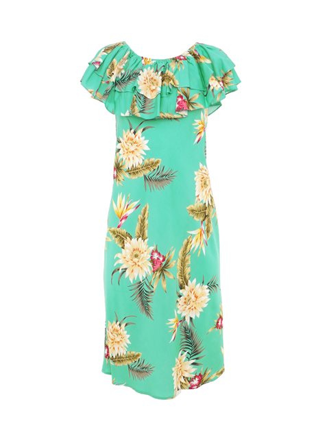 Two Palms - Ceres Green Rayon Hawaiian Off Shoulder Pullover Dress ...